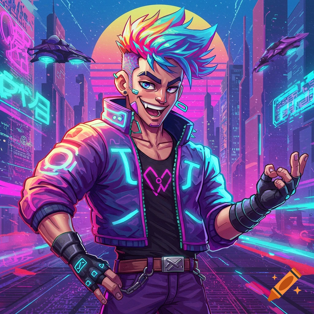 Stylized cyberpunk character with spiky, colorful hair and a neon ...