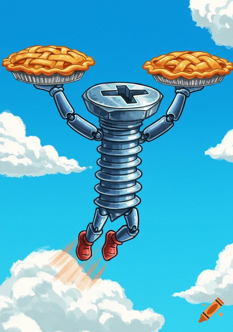 Cartoon illustration of a screw flying in the blue sky like Superman ...