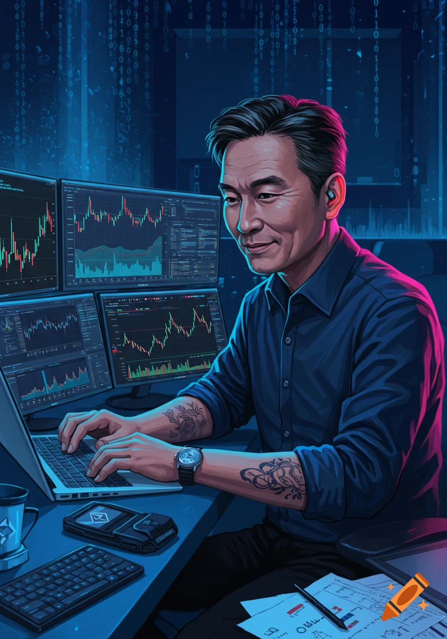 Asian man working intently at multiple computer monitors displaying stock charts and data, with ...