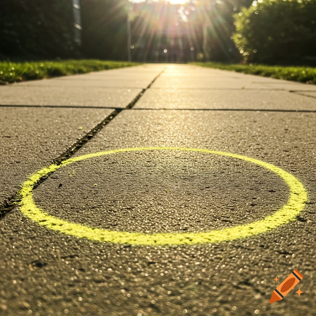A close-up, low-angle photo of a yellow chalk circle on a concrete path with sun flares. on Craiyon