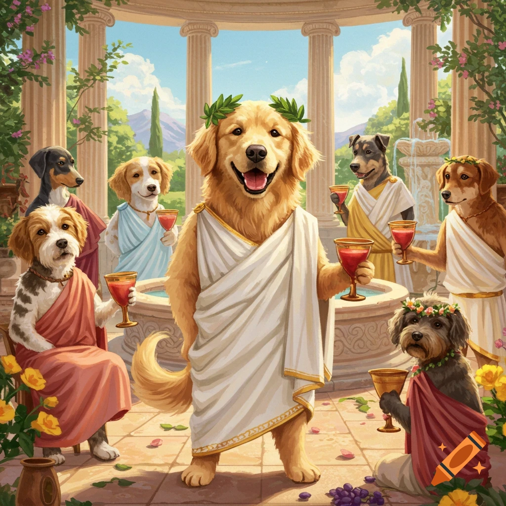 Dogs in togas hold cups at a party in an ancient Roman courtyard. on ...