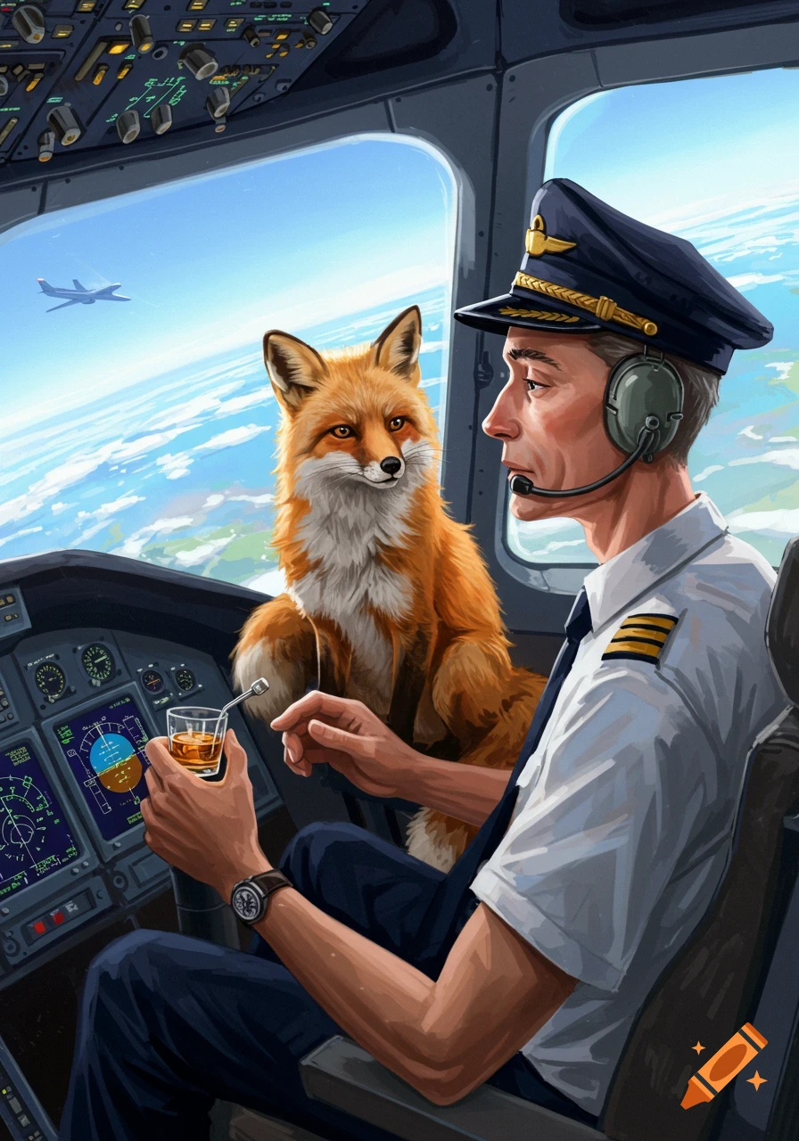 A fox and a pilot sit in an airplane cockpit. The pilot holds a glass ...