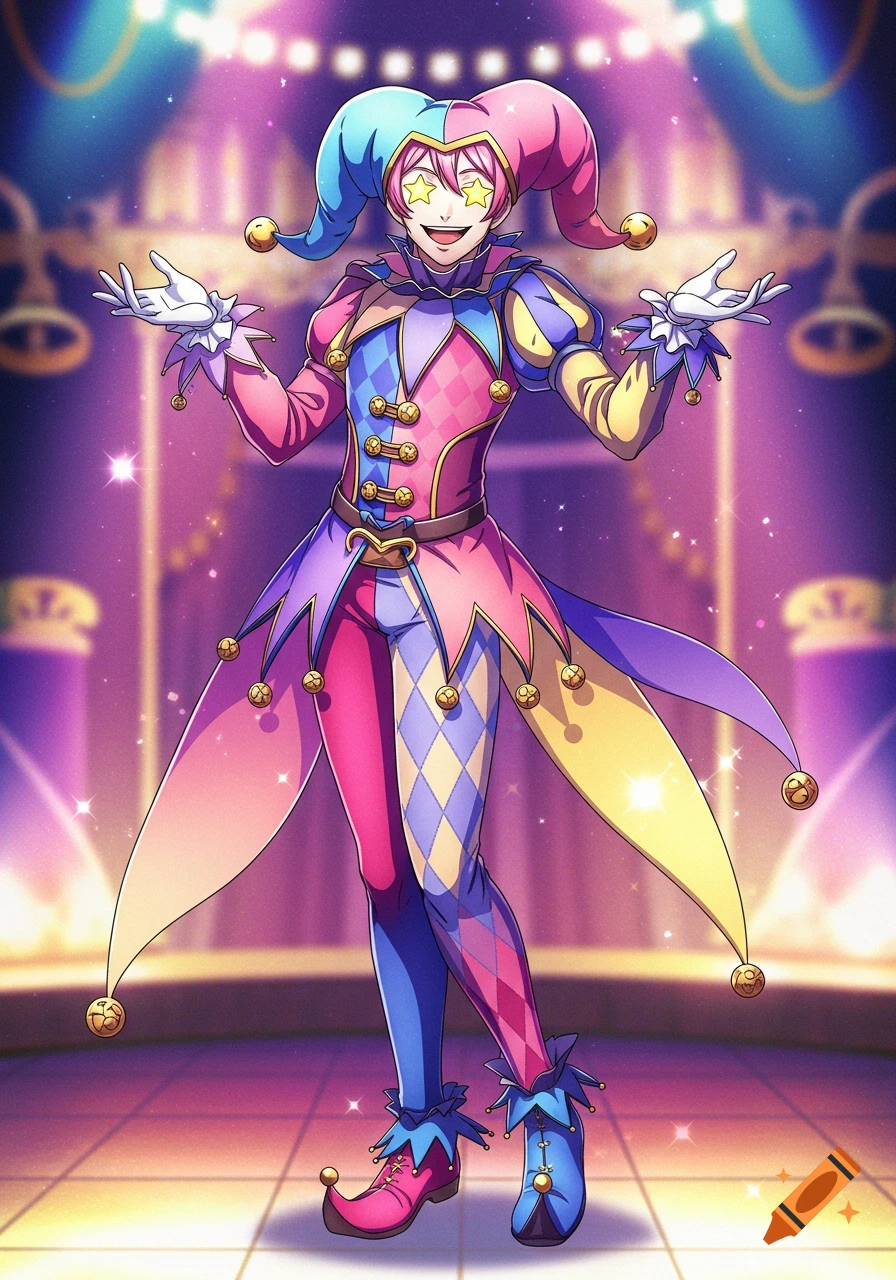 An anime style illustration of a colorful jester on a stage. on Craiyon