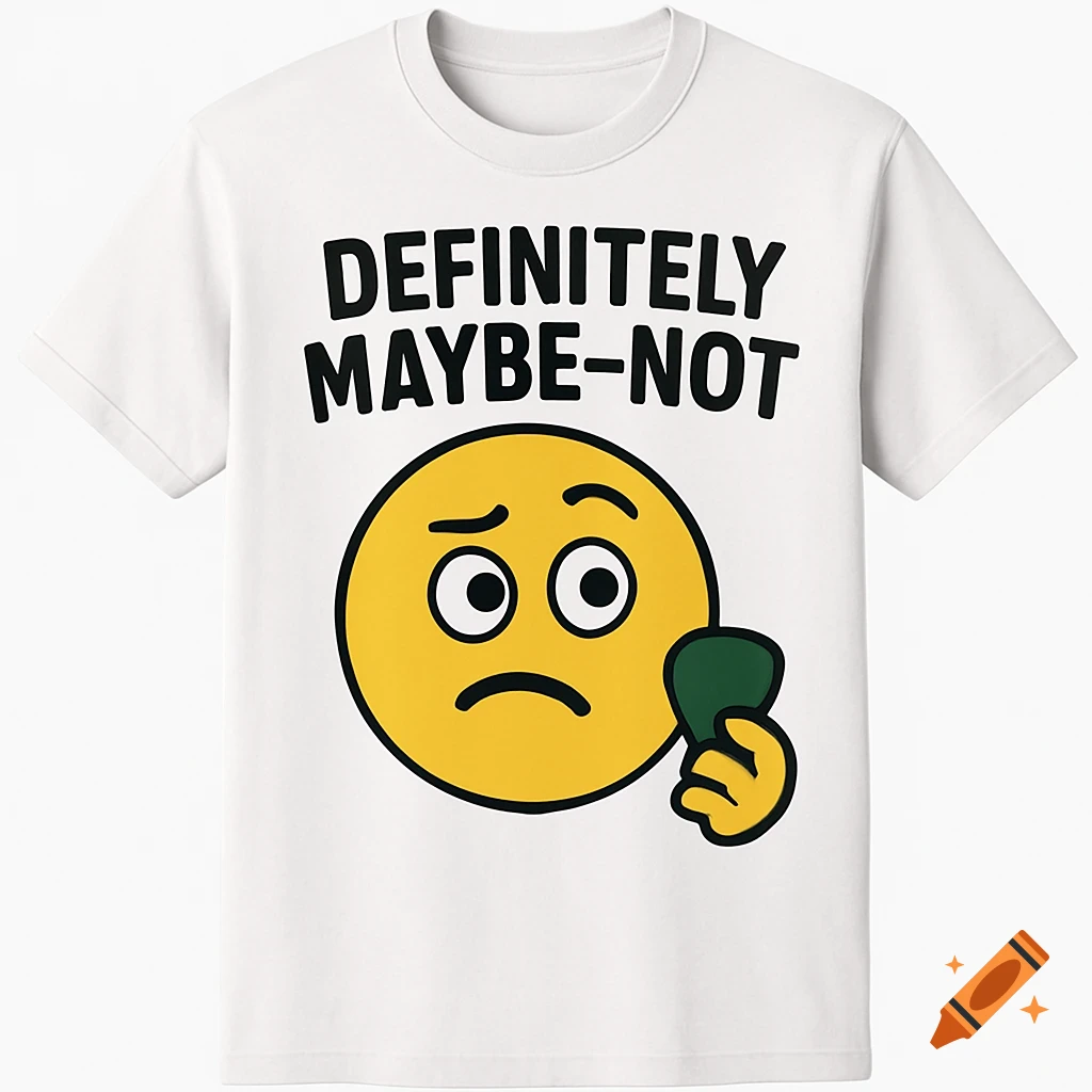White t-shirt with the text 'DEFINITELY MAYBE-NOT' above a confused ...