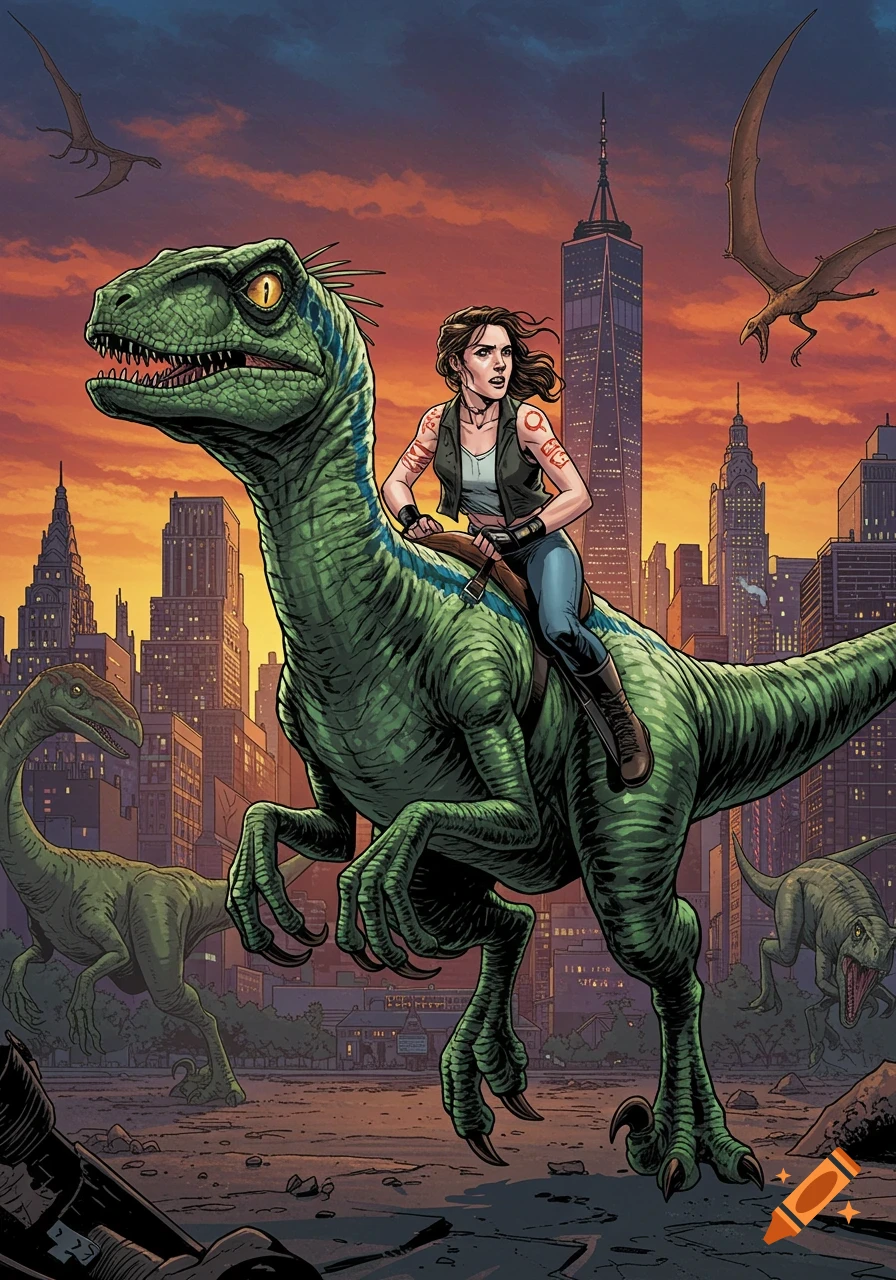 Woman riding a velociraptor through a city with other dinosaurs in ...