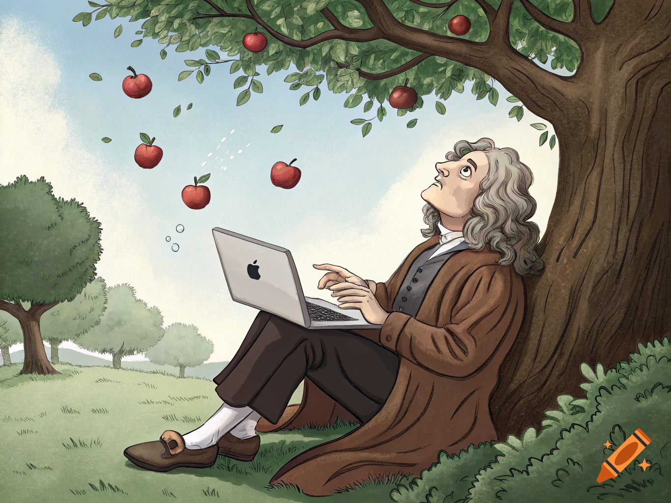 Illustration of Isaac Newton sitting under an apple tree with a laptop ...