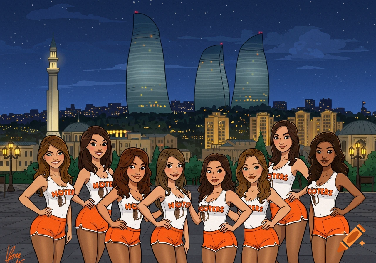 Cartoon of women in Hooters uniforms posing in front of Flame Towers ...