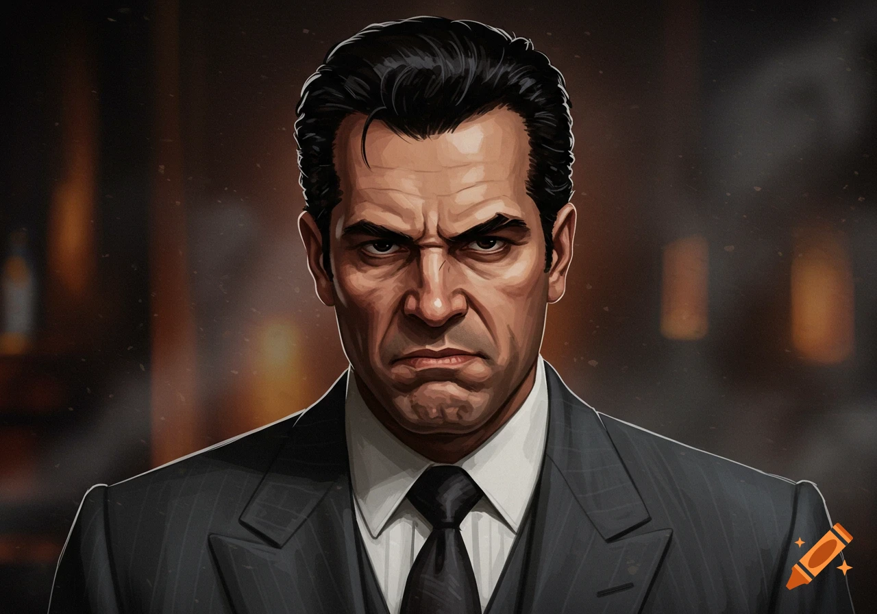 Illustrative portrait of a stern man in a pinstripe suit. on Craiyon