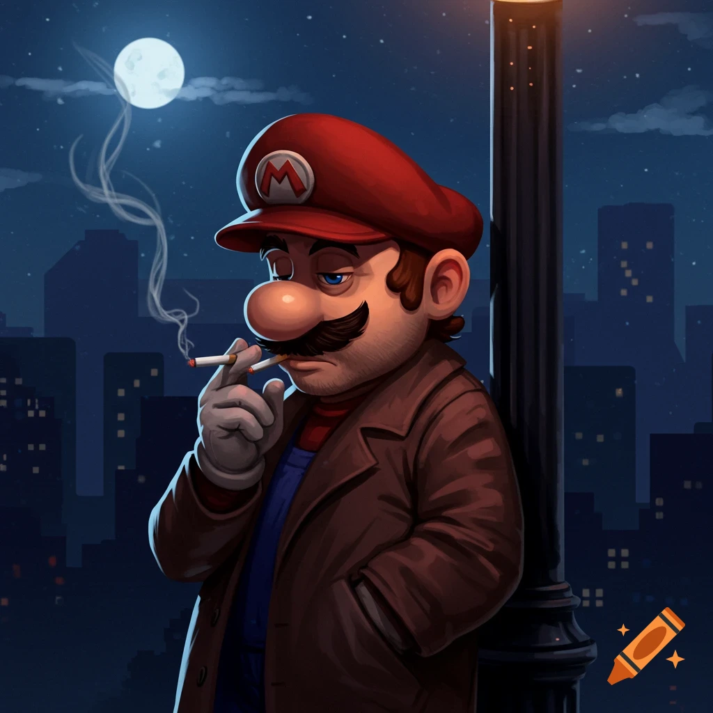 Mario leans against a lamp post, smoking a cigarette at night in a city ...