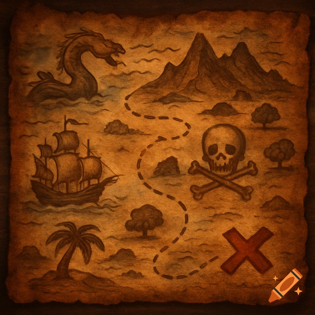 An old pirate treasure map with a ship, sea monster, island, skull and ...
