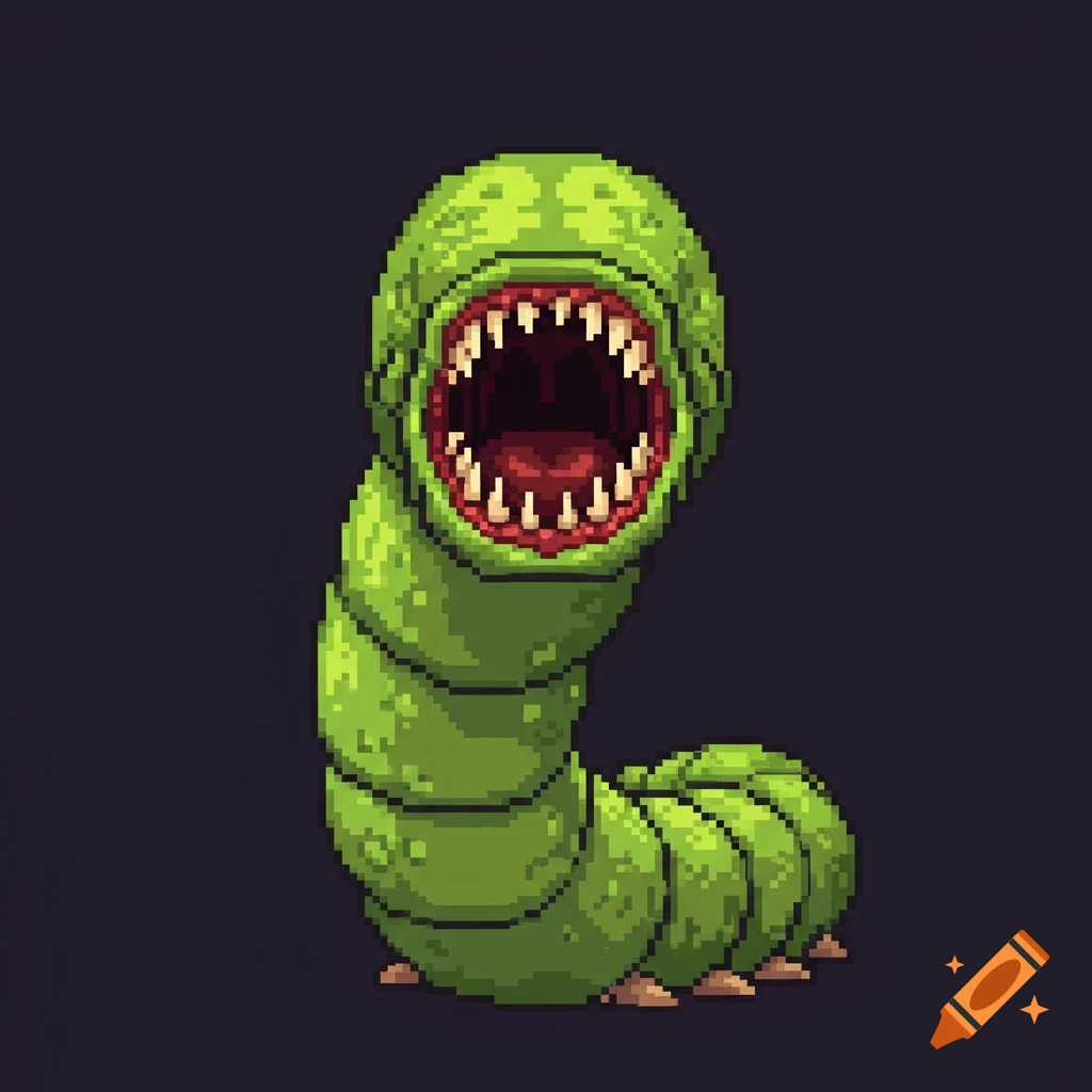 Pixel art of a green worm monster with a large mouth full of teeth. on ...