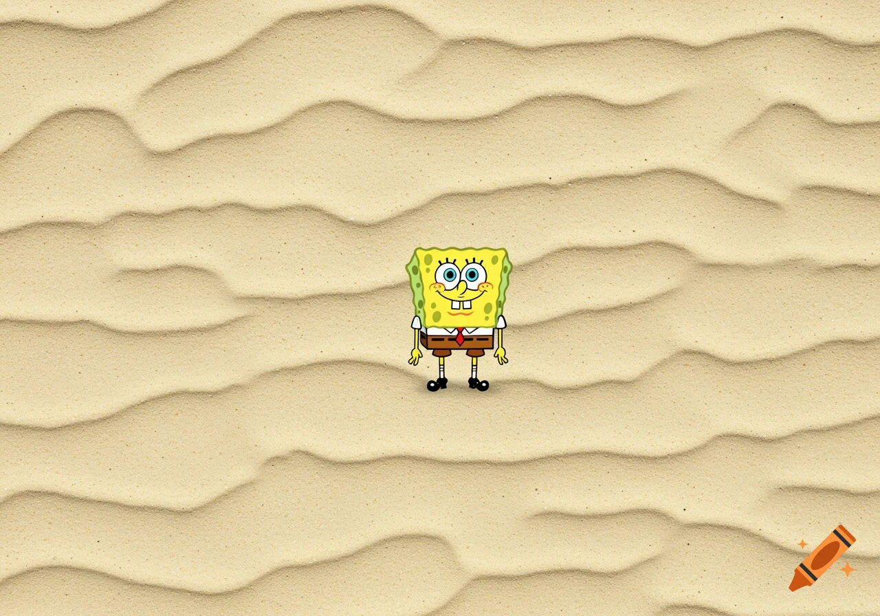 Spongebob Squarepants stands on a textured sand background. on Craiyon
