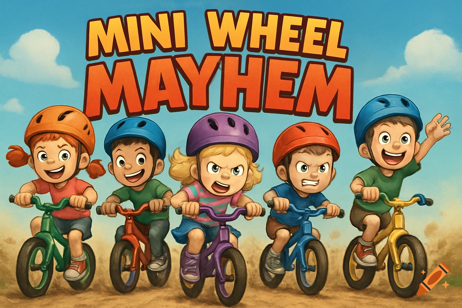 Cartoon illustration of five children riding balance bikes with the ...
