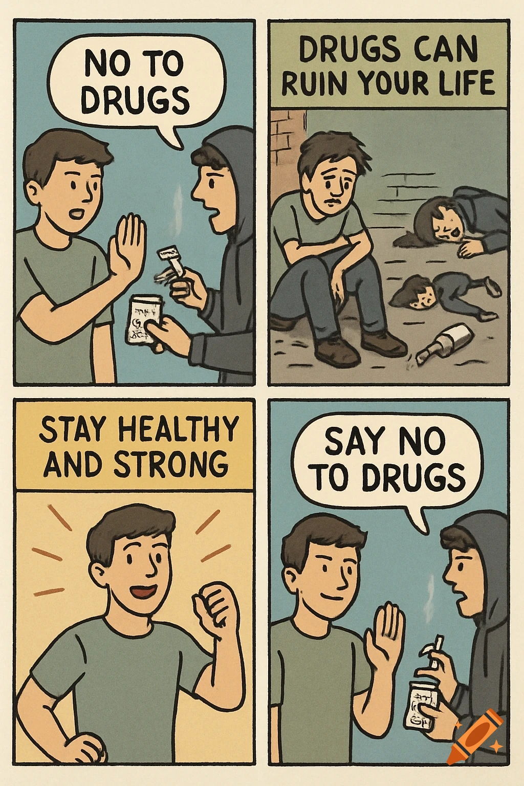 Comic strip showing scenes about saying no to drugs and the negative ...