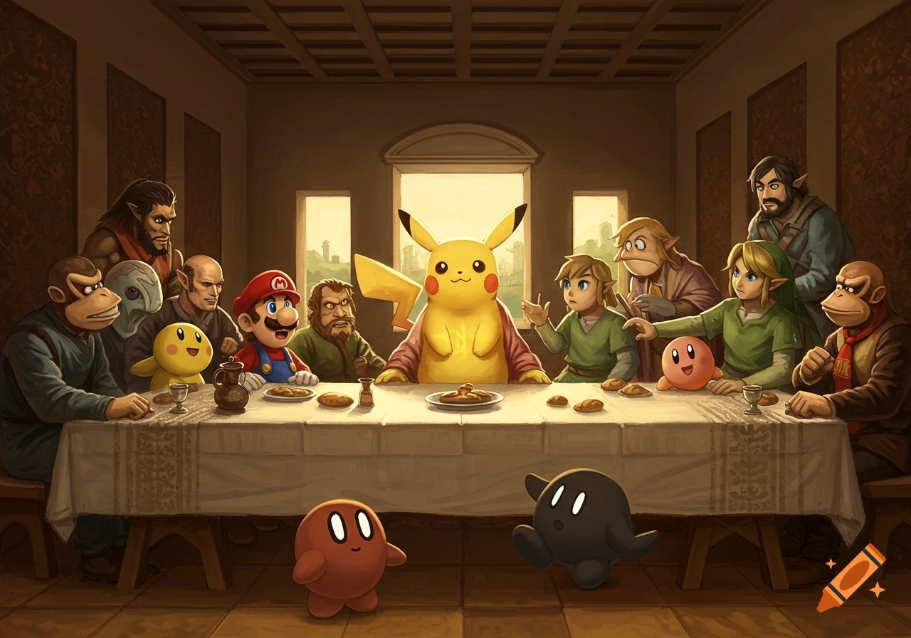 Nintendo characters including Pikachu, Mario, and Link in a parody of ...