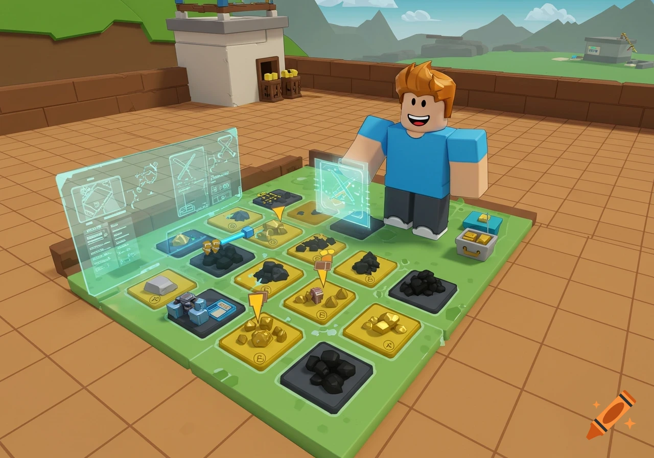 Blocky cartoon character interacting with a grid-based resource ...