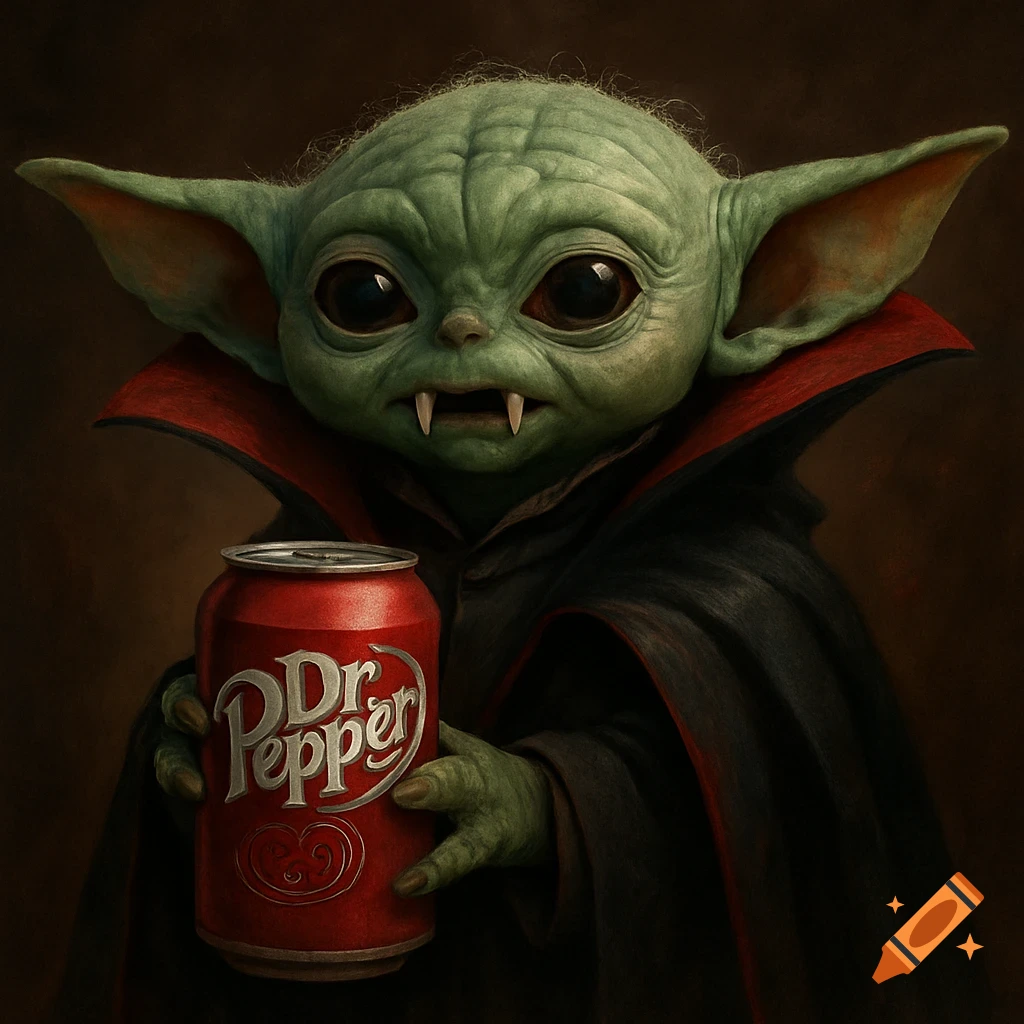 Baby Yoda dressed as a vampire holding a can of Dr Pepper. on Craiyon
