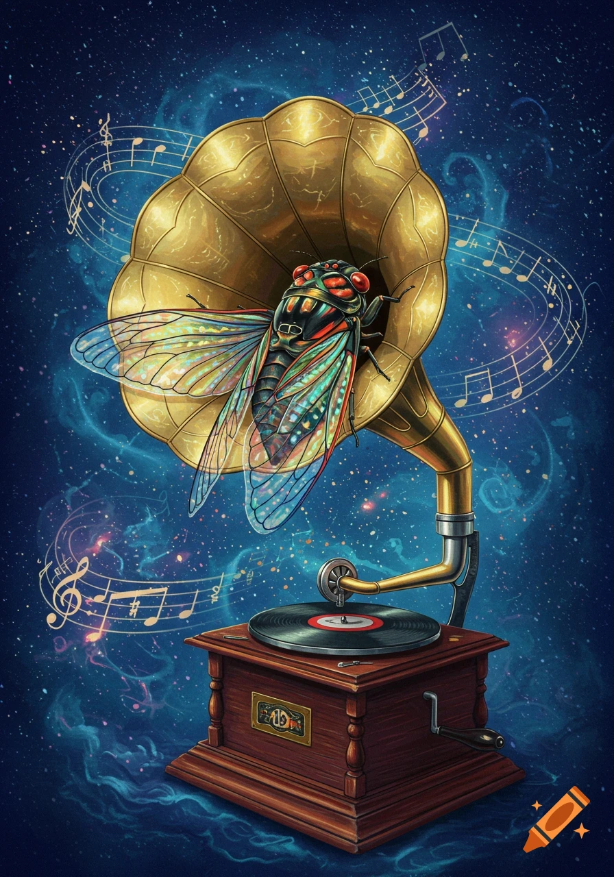 A colorful cicada sits on a vintage gramophone playing music notes ...