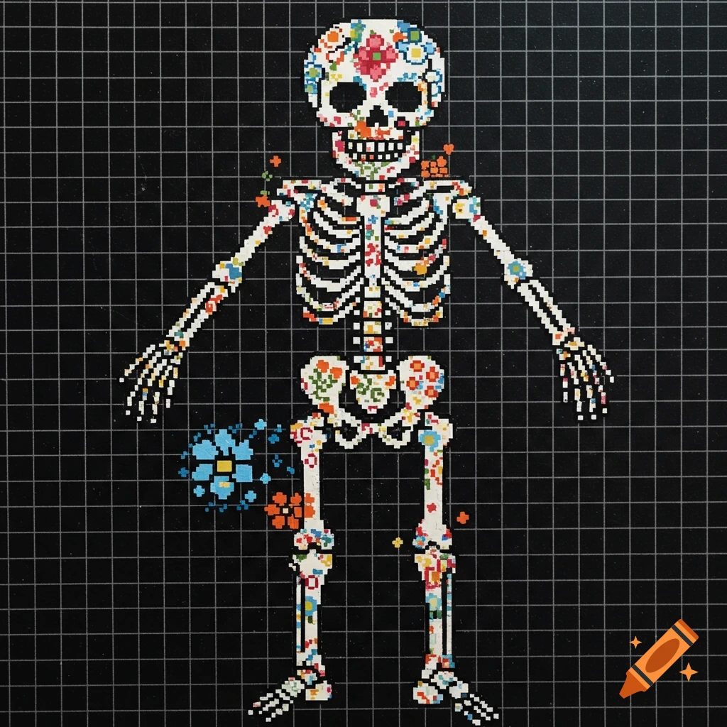 Pixel art skeleton decorated with colorful flowers on a black grid ...