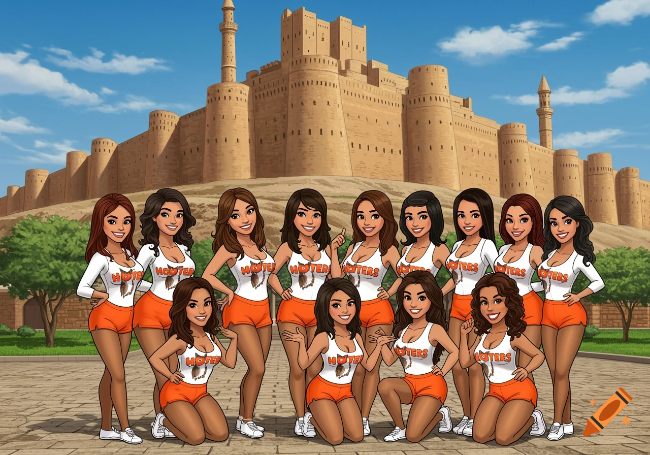 Cartoon illustration of a group of women in Hooters uniforms posing in ...