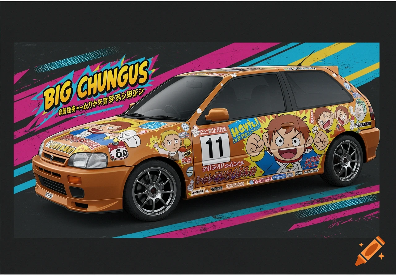 An orange car decorated with anime characters and "BIG CHUNGUS" text ...