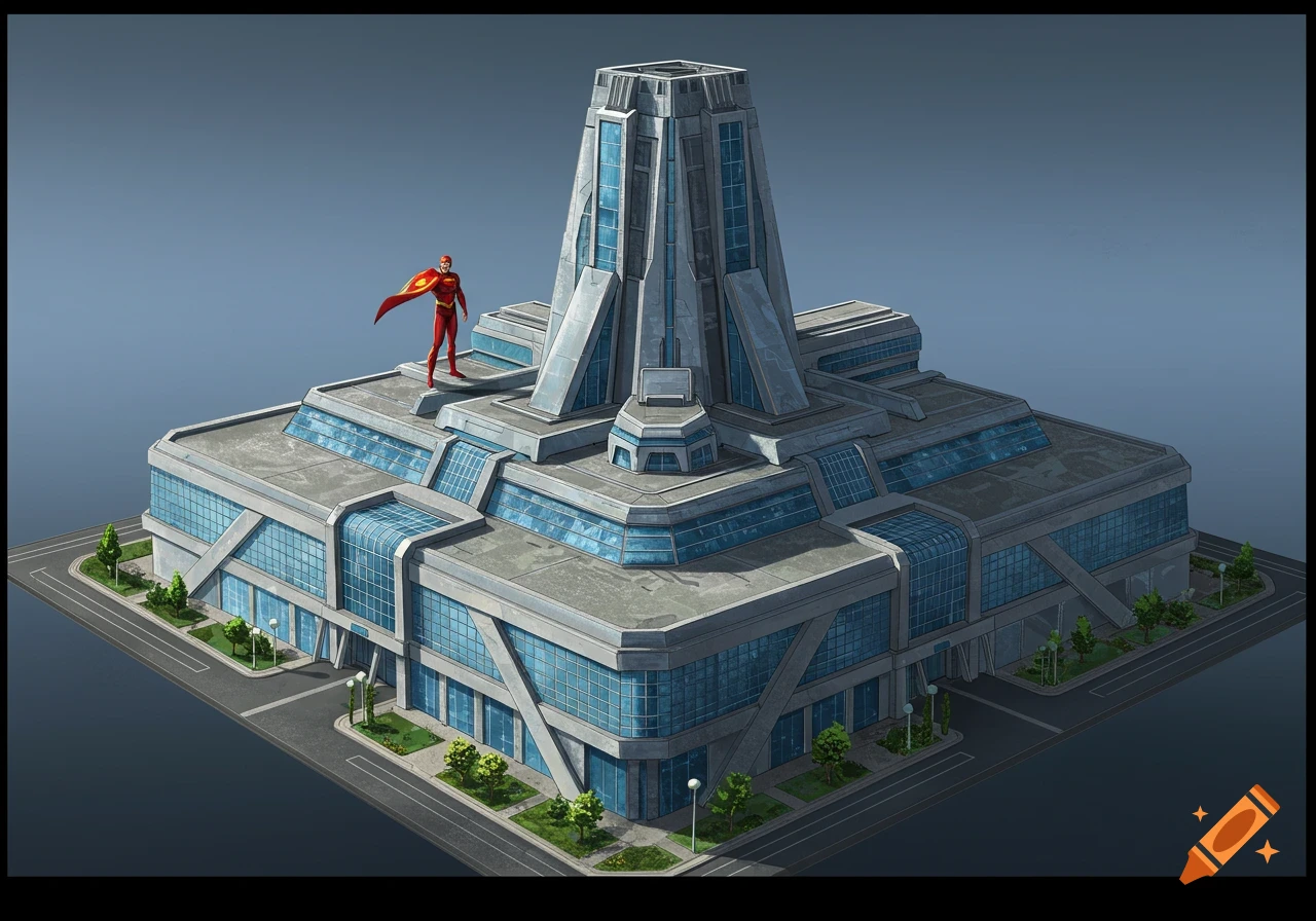 Superhero standing on a futuristic building. on Craiyon
