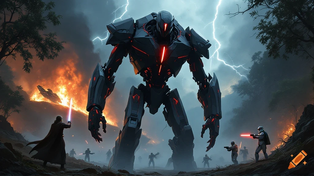 Giant black robot with red glowing lines towers over Jedi and clones ...