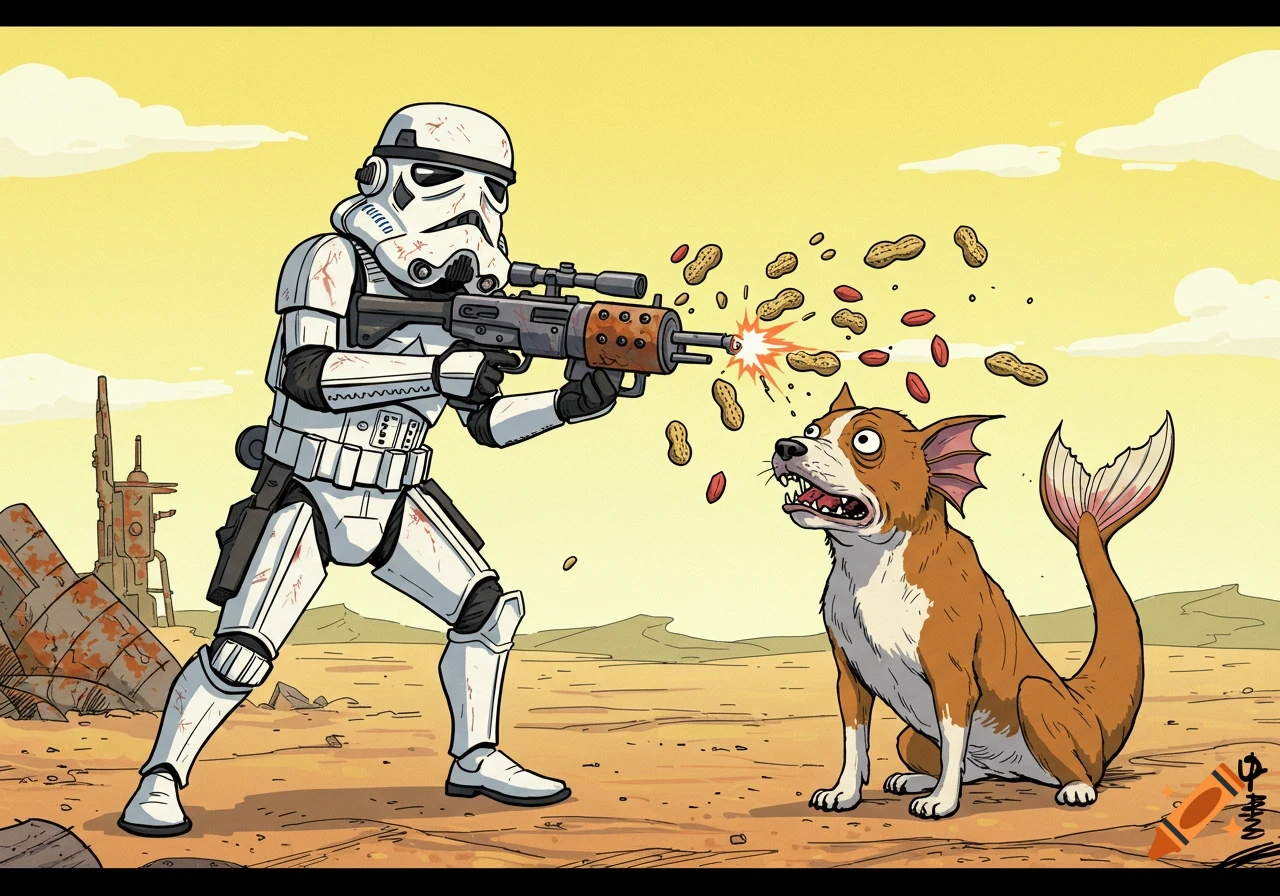 Cartoon of a Stormtrooper shooting peanuts at a dog-fish hybrid in a ...