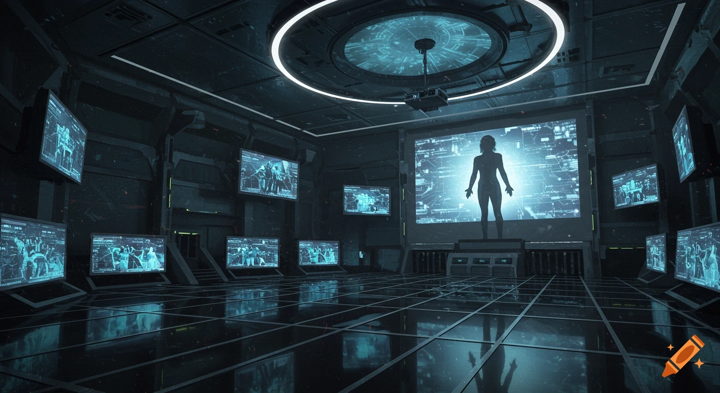 Sci-fi control room with multiple screens, a reflective floor, and a ...