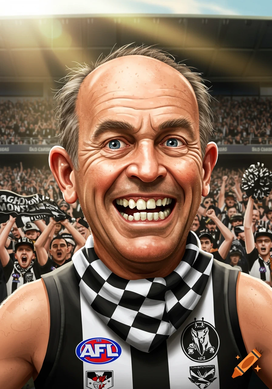 Caricature of a cheering, toothless Collingwood AFL fan in a stadium on ...