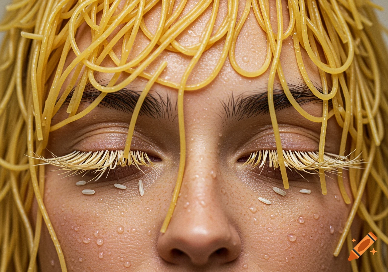 Close-up portrait of a face with spaghetti as hair, rice grains on ...