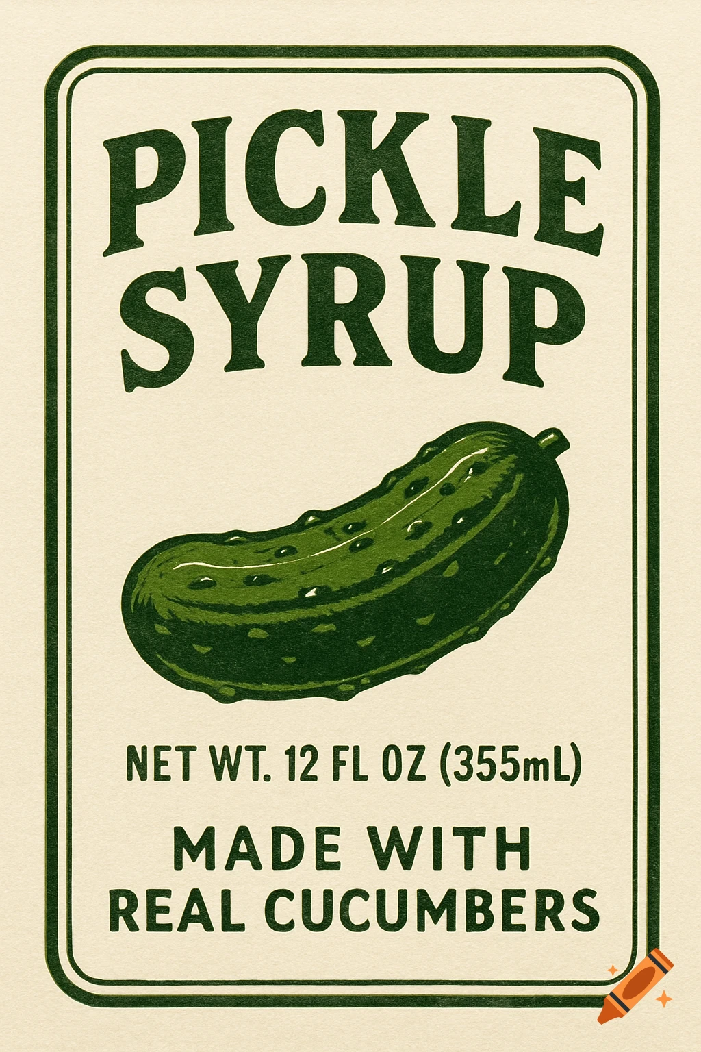 An illustration of a pickle syrup bottle label with a cucumber. on Craiyon