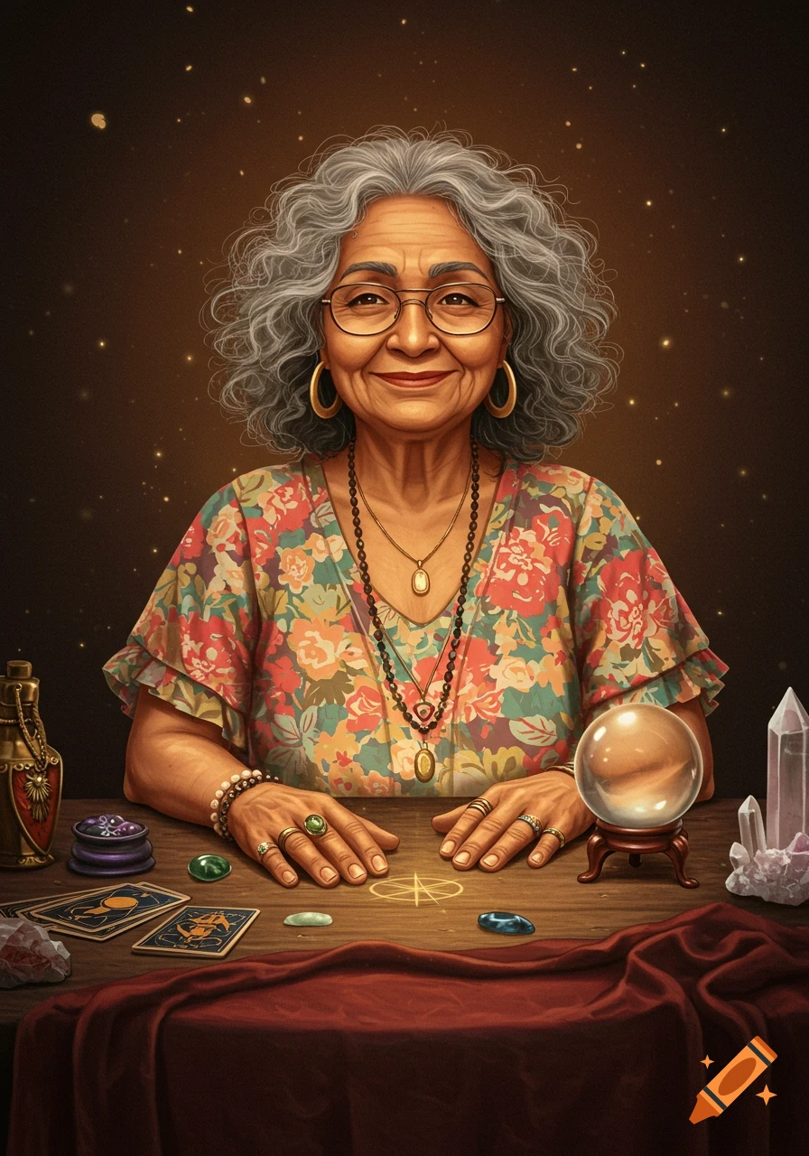 Illustration of a smiling older woman fortune teller at a table with ...
