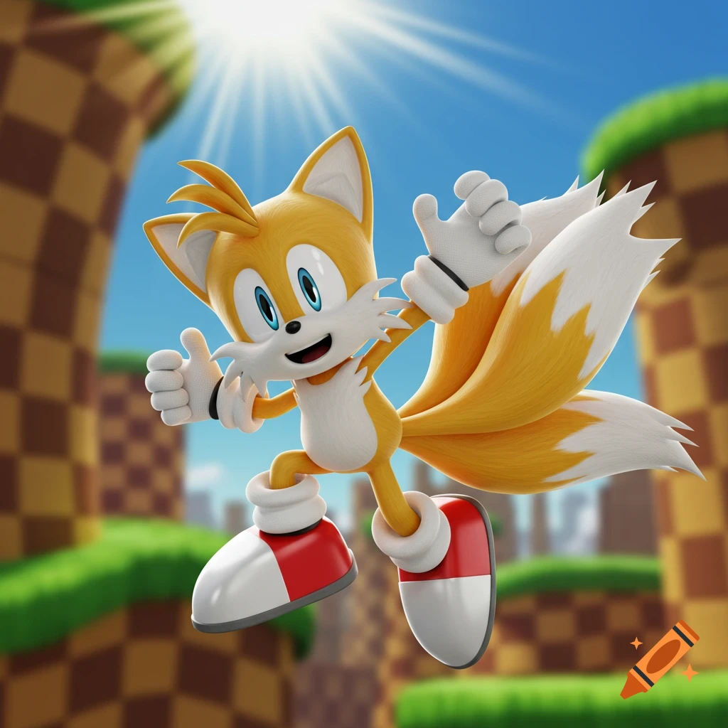 Tails the fox character from Sonic the Hedgehog is depicted jumping and ...