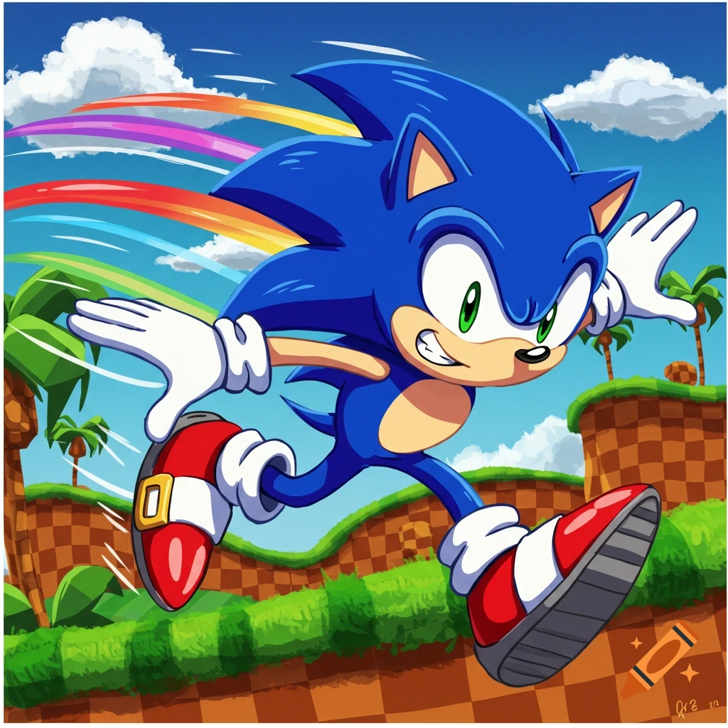Sonic the Hedgehog runs through Green Hill Zone with a rainbow trail on ...