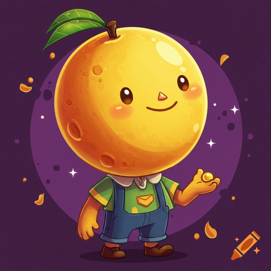 Cute cartoon character with a yellow moon head and fruit stem/leaf ...