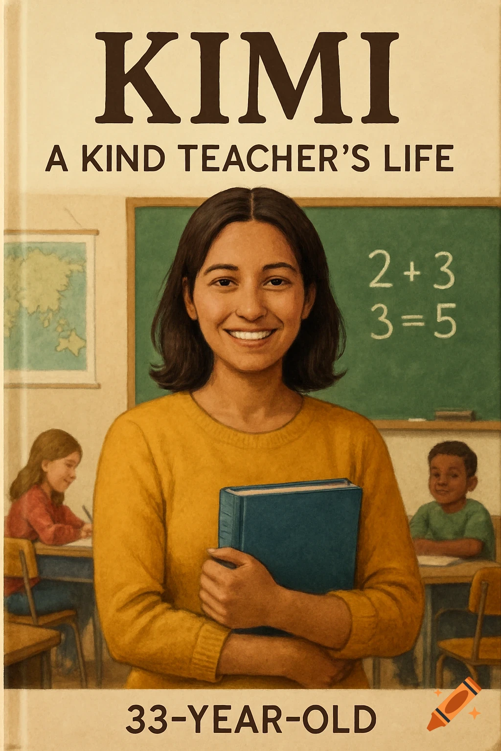Illustration of a smiling teacher holding a book in a classroom with ...