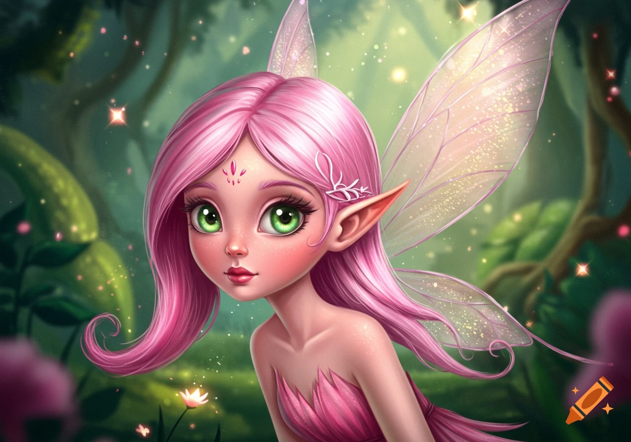 A close-up digital illustration of a fairy with pink hair, green eyes, and shimmering wings in a ...