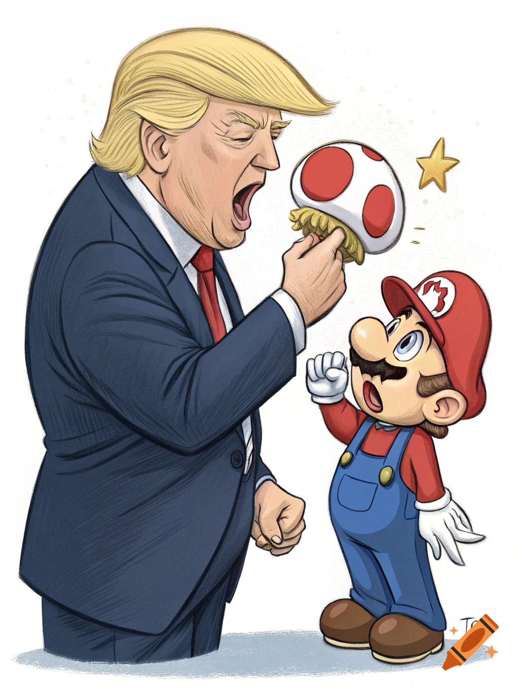 Cartoon illustration of Donald Trump yelling at Mario holding a Super ...