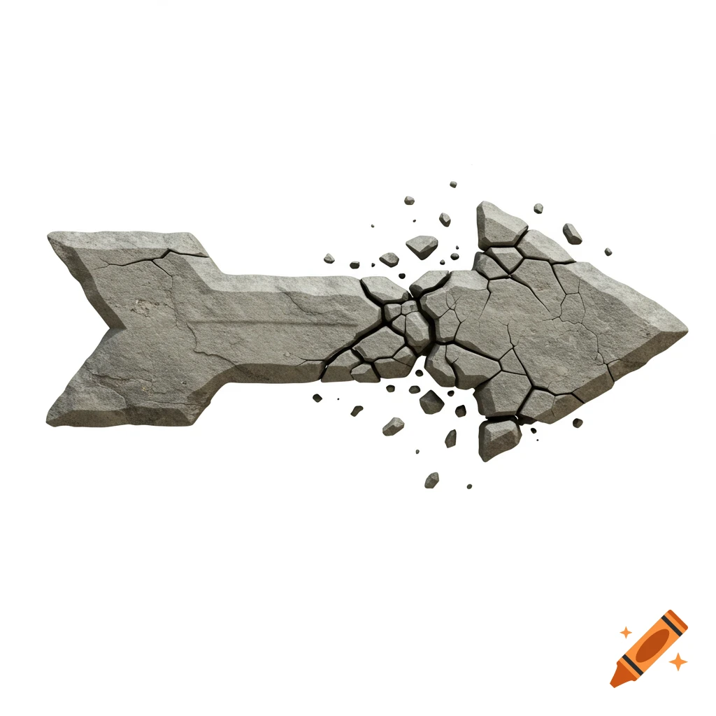 A stone arrow breaking apart with pieces flying off on a white ...