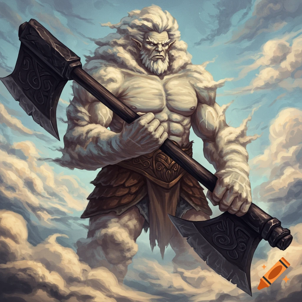 A muscular cloud giant goliath holding a large double-headed axe stands ...