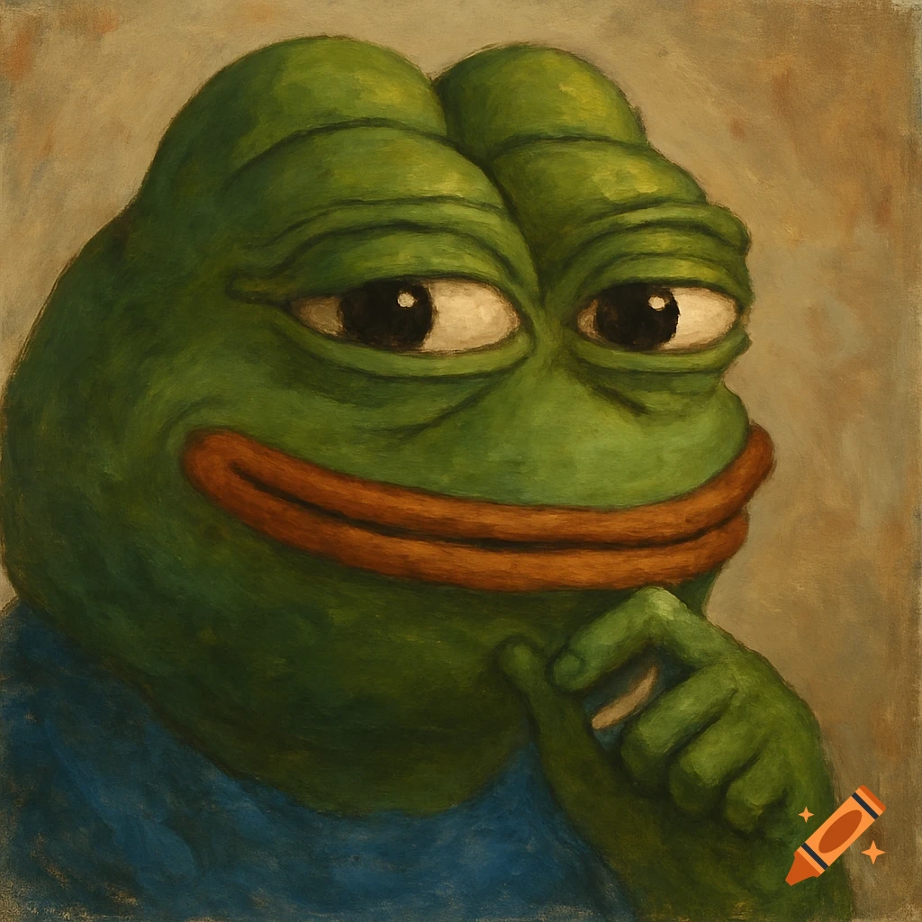 A painting of a green frog character (Pepe the Frog) with a hand on its ...