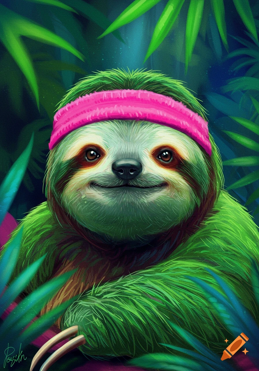 Illustration of a green sloth wearing a pink sweatband in a jungle. on ...