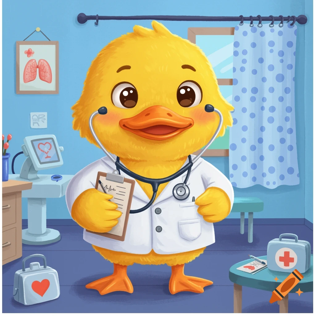 Cute yellow cartoon duck dressed as a doctor in an office, holding a ...