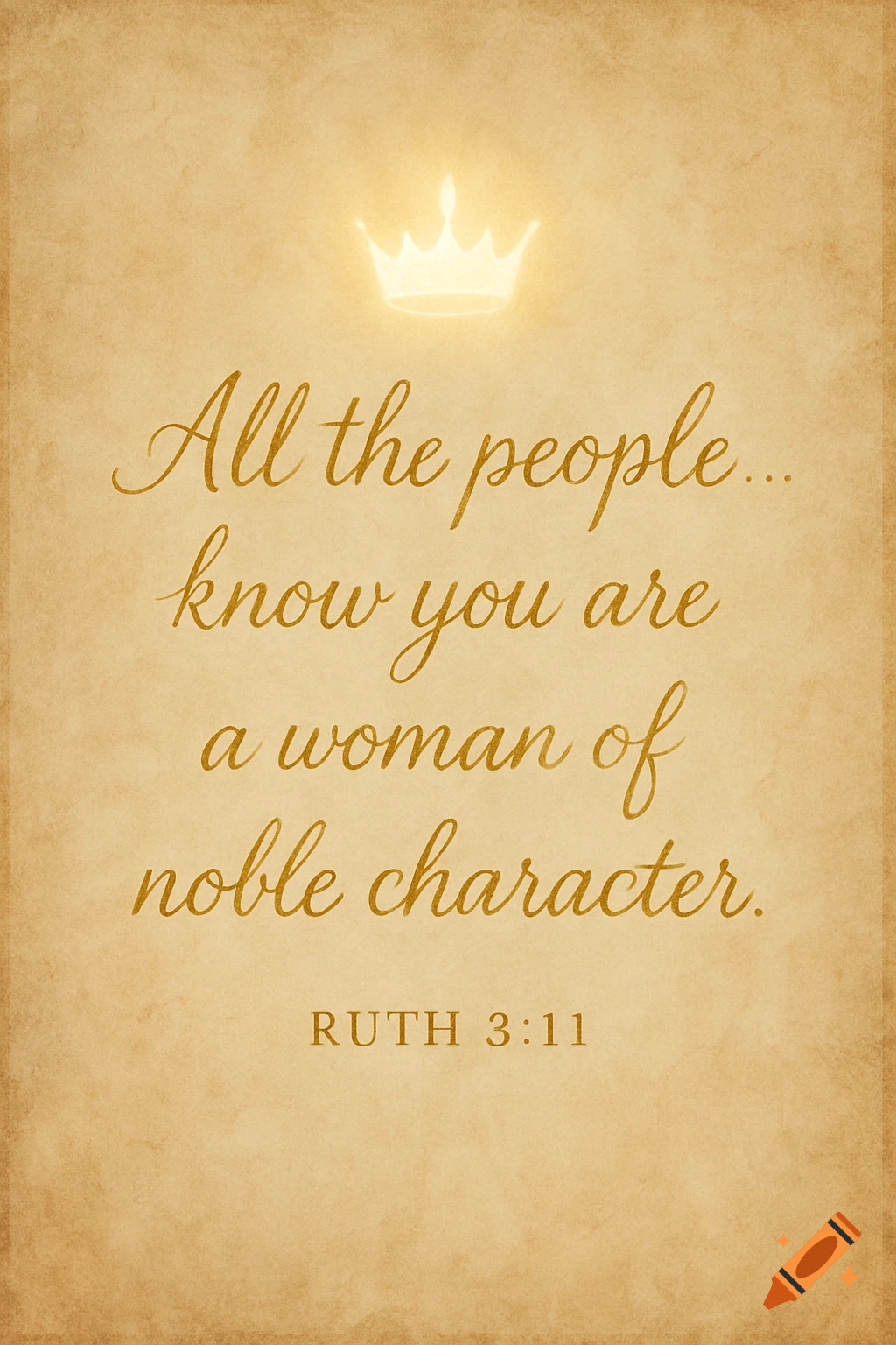 Gold text of Ruth 3:11 on a parchment background with a glowing crown ...