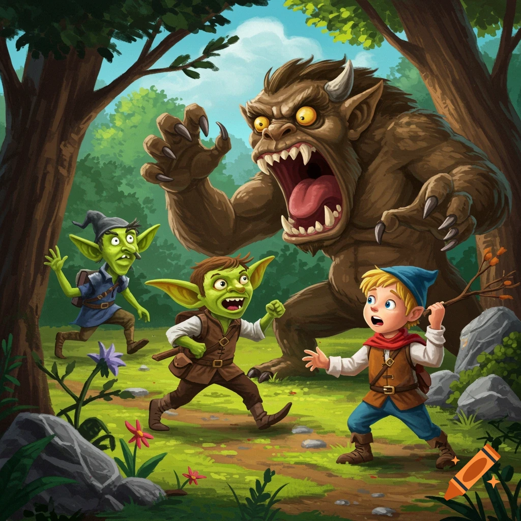 A cartoon monster chases a child and two goblins through a forest. The ...