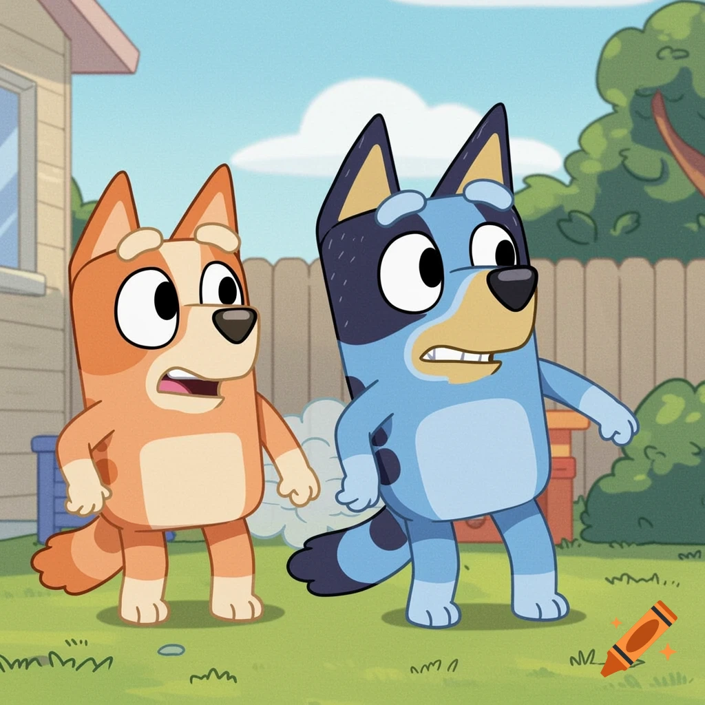 Cartoon of Bluey and Bingo looking surprised in a backyard with Bluey ...