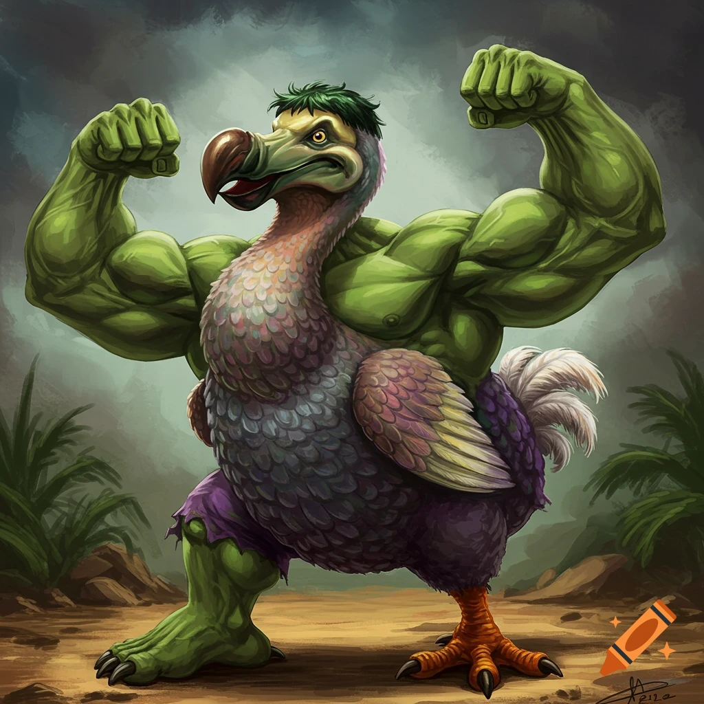 Muscular dodo with green Hulk arms and legs flexing in a jungle scene on Craiyon