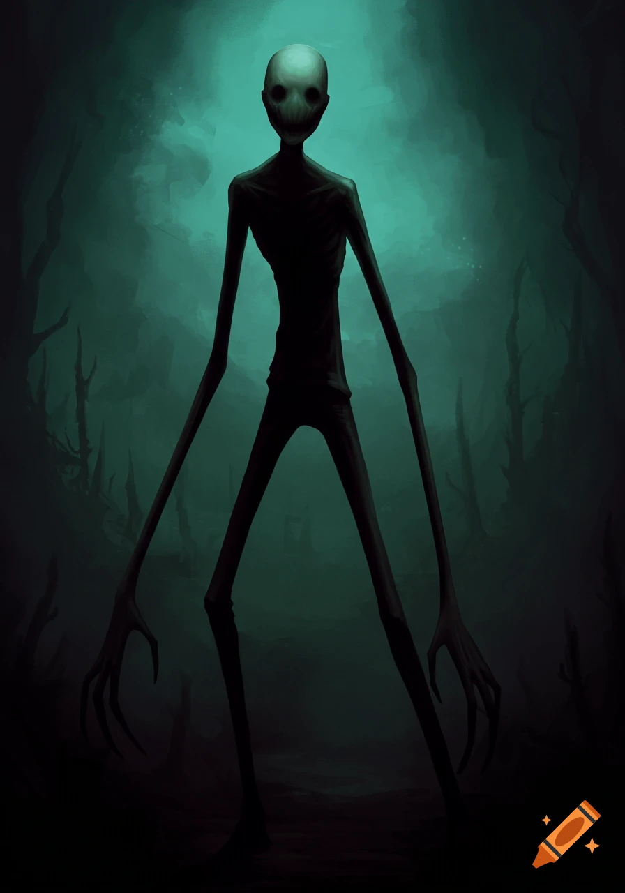 A tall, thin, shadowy figure with long limbs stands in a dark, misty forest. on Craiyon