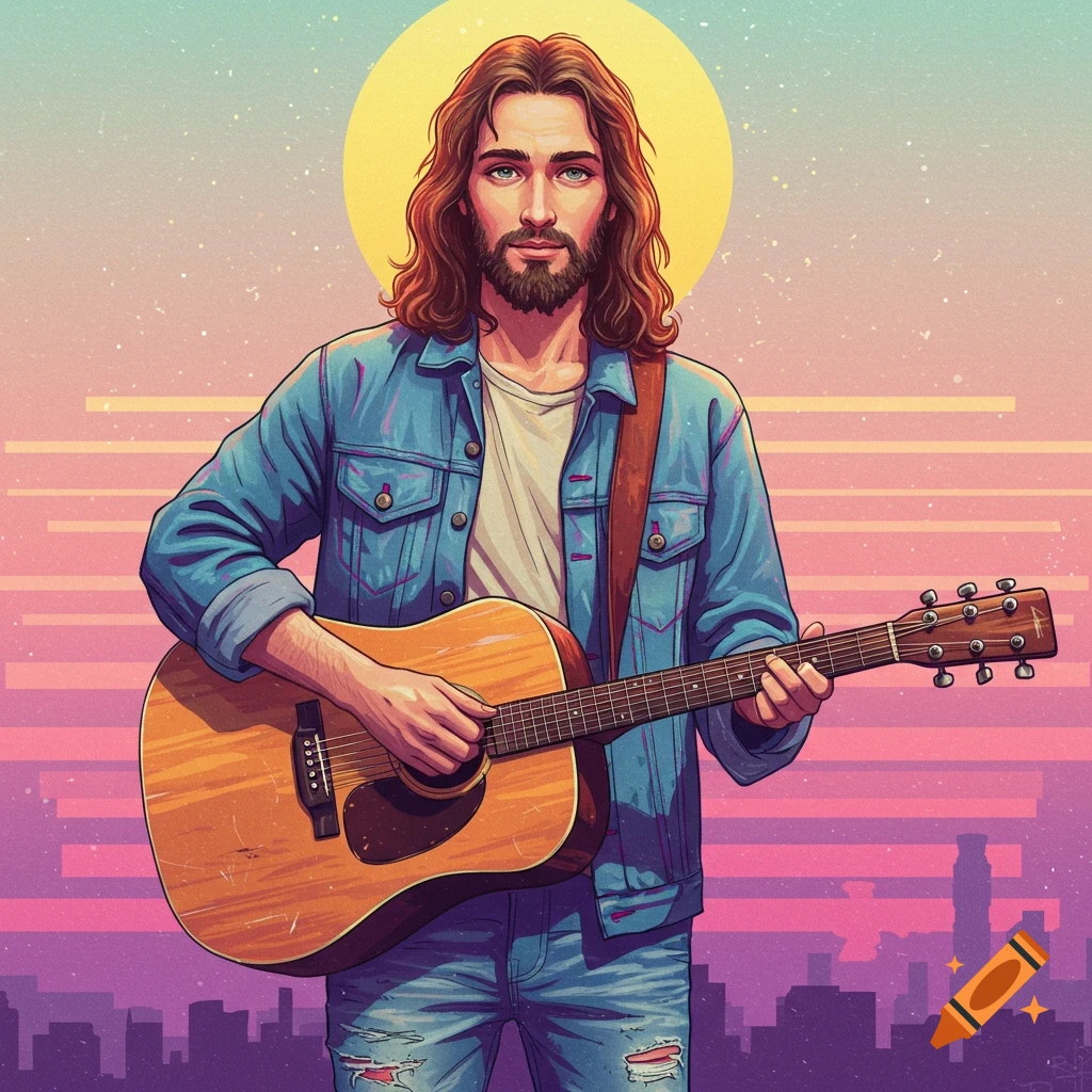 Illustration of a man resembling Jesus playing guitar against a retro ...
